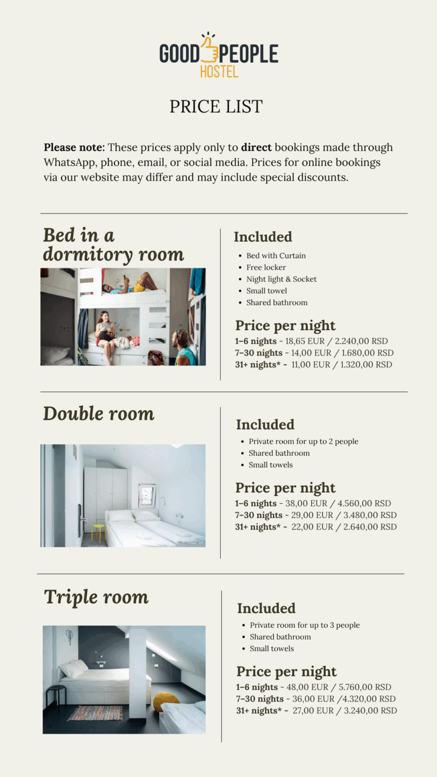 price list – Good People Hostel